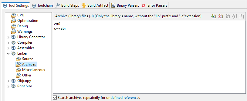 Use the Add/Edit buttons in the upper-right corner to replace crt0 with crt0-semihost and ...